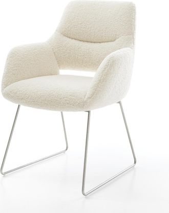 DELIFE Esszimmerstuhl Yago-Flex mit Armlehnen Teddystoff Beige Kufengestell Edelstahl Taschenfederkern, Esszimmerst&uuml;hle