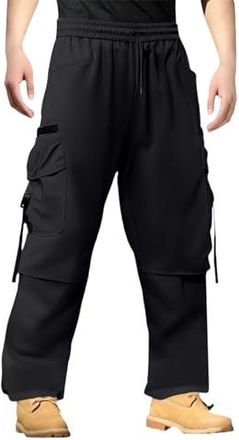 Generic Pantalon de jogging cargo d&eacute;contract&eacute; pour homme avec poches utilitaires pour les courses quotidiennes, taille &eacute;lastique, pantalon d&eacute;contract&eacute;, Noir, 