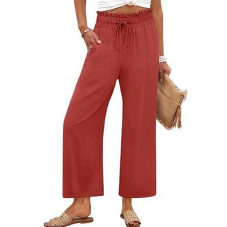 Generic Pantalon d&eacute;t&eacute; 3/4 en mousseline pour femme - Pantalon d&eacute;t&eacute; l&eacute;ger en lin - Avec poches - D&eacute;contract&eacute; - Pantalon en tissu &eacute;lastique et confortable - Pou
