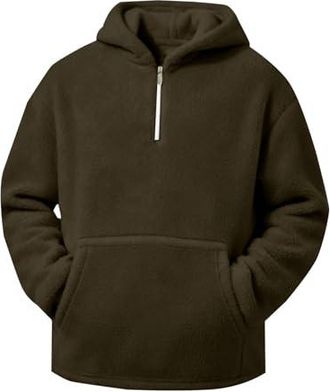 Generic Sweat à capuche surdimensionné en flanelle pour homme avec demi-fermeture éclair - Coupe décontractée - Doublure chaude - Vêtement doux pour lautomne 