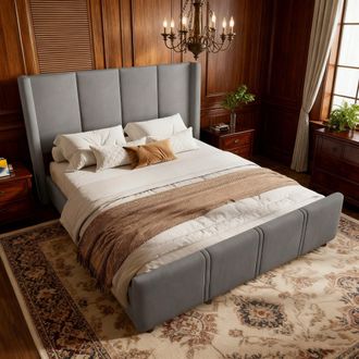 Generic Modernes Polsterbett 160x200 cm: Hohes Kopf- und Fußteil mit zertifiziertem USB-Anschluss, Konstruktion aus Eisen und Holz, Grau (Dark Gray + Velvet +