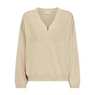 Brunello Cucinelli Monili Dekoration Wei&szlig;er Pullover - - Knitwear - Damen - Beige - S
