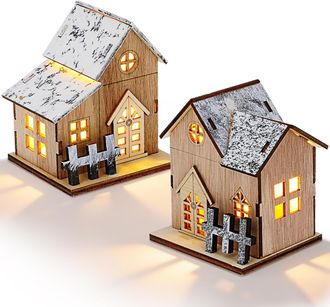 Valiclud LED Beleuchtete Weihnachtsdeko Holzhaus 2 St&uuml;ck Kleine Leuchtende Holzh&uuml;tte mit Flacher Unterseite f&uuml;r Innenraum Tisch und Wohnraumdekor Weihnachten