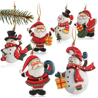 Com-Four 6X Metallanhänger für den Weihnachtsbaum - Christbaumschmuck aus Metall - Weihnachtsdeko mit Schneemann und Weihnachtsmann (6 Stück - Santa + Schneema
