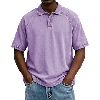 Generic Polo vieilli pour homme en coton d&eacute;lav&eacute; &agrave; manches courtes avec boutons - Pull vintage &agrave; col &agrave; revers - Confortable - Doux &agrave; porter - &Eacute;vacuation de lhu