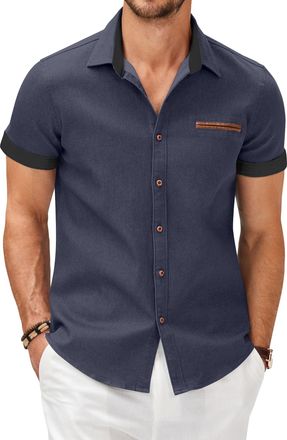 Coofandy Hemd Herren Kurzarm Jeanshemd Herren Slim Fit Freizeithemd Sommerhemd Baumwolle Kurzarmhemden M&auml;nner Westernhemden Business Casual T-Shirt Dunkelblau 