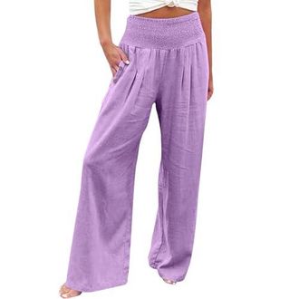 Generic Pantalon d&eacute;t&eacute; Palazzo en lin pour femme - Pantalon de loisirs en coton et lin - Taille haute - Pantalon daffaires l&eacute;ger et a&eacute;r&eacute; - Pantalon d&eacute;t&eacute; long e