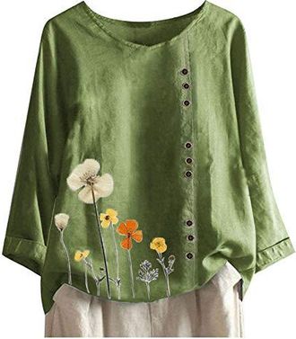 Generic Chemisier en lin pour femme &agrave; manches longues m&eacute;di&eacute;vales - Chemise en lin pour femme - Grande taille - Chemisier d&eacute;t&eacute; en mousseline - Col rond - Grand