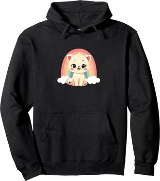 Mapanoli Design Süße Katze mit Regenbogen und Wolken - Bezaubernder Kawaii-Stil Pullover Hoodie