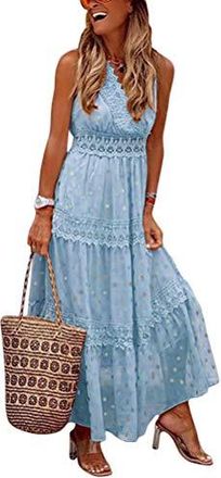 Minetom Robe Maxi Longue Femme Élégant Robe de Soiree Party Plage Vacances Bohême Floral Dentelle Col V sans Manche Sundress Bleu XL