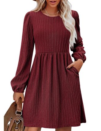 Zeagoo Kleid Damen Herbst Langarm Strickkleid Elegant Hohe Taille A-Linie Winterkleid Pulloverkleid Rundhals Skaterkleid Weinrot XXL