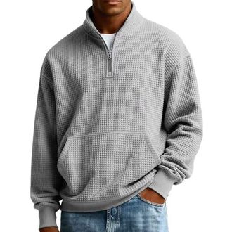 Generic Sweat-shirt gaufr&eacute; &agrave; manches longues avec fermeture &eacute;clair 1/4 pour homme, pull gaufr&eacute; d&eacute;contract&eacute; &agrave; manches longues avec poche, gris, 3XL
