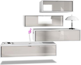 Vladon Wohnwand Lana V3 Anbauwand aus 4 H&auml;ngeelementen mit 10 F&auml;chern, Made in Germany, Korpus in Wei&szlig; matt, Fronten in Sandgrau Hochglanz | Gro&szlig;e Farbauswah