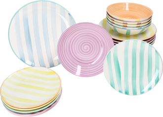 MamboCat Beach Pastello Stripes 18tlg Tellerset I Geschirr-Set aus Steingut mit Pastell-Streifen f&uuml;r 6 Personen I Je 6X Speiseteller, Suppenteller & Kuchentell
