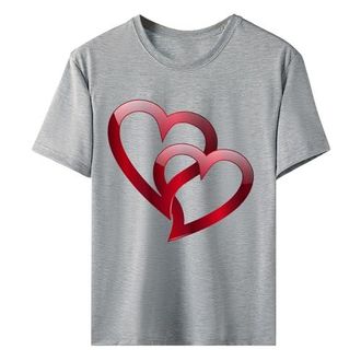 Generic T-shirt &agrave; manches courtes pour femme avec col rond et imprim&eacute; coeur rouge 2026, gris, XXL