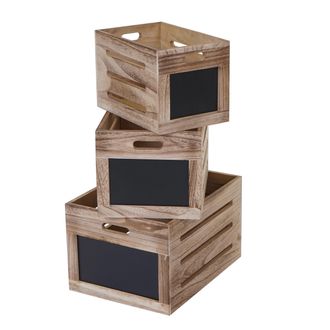 Mendler 3er Set Holzkiste HWC-E11, Aufbewahrungsbox mit Tafel, Shabby-Look - naturbraun