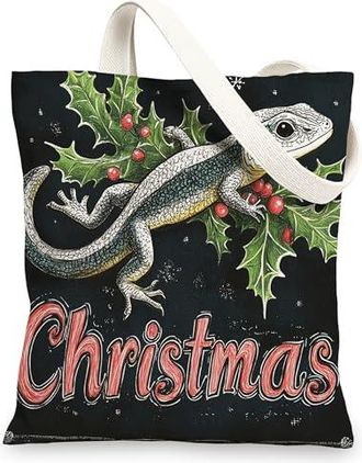 Generic Sac fourre-tout en toile motif l&eacute;zard de No&euml;l pour faire du shopping, 33 x 38,1 cm, sac d&eacute;picerie r&eacute;utilisable pour femme, motif animal de voyage, d&eacute;c