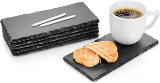 Sänger | Schieferplatten-Set Biscuit mit Kreide, 6 moderne Untersetzer aus Schiefer. Serviertablett, Eckiges Tellerset | 20x10 cm