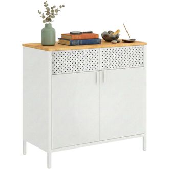 Relaxdays Relaxdays armoire m&eacute;tal, H x L x P : 77 x 80 x 40 cm, 2 portes, tablette r&eacute;glable, armoire de bureau, blanc/naturel