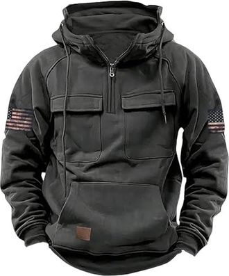 Generic Sweat à capuche cargo pour homme - Polaire unie demi-fermeture éclair imprimé drapeau sweat à capuche manches longues cordon de serrage poche kangouro