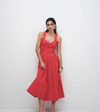 KAIIA Exclusive - Maxikleid in Rot aus Baumwoll-Popeline mit Herzausschnitt, Knopfleiste und tiefer V-Taille