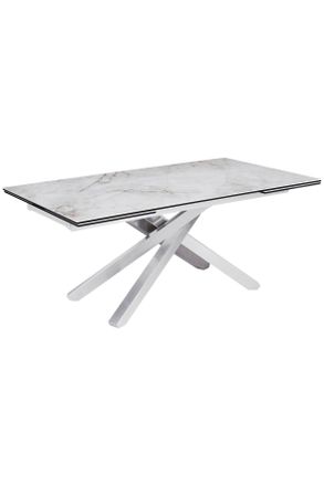 Novel Esstisch, Wei&szlig;, Edelstahl, Metall, Glas, Keramik, Marmoroptik, rechteckig, eckig, 98x76x180-280 cm, ausziehbar, Esszimmer, Tische, Esstische, Glastisc