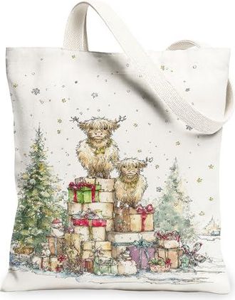 Generic Sacs fourre-tout en toile avec motif animal de No&euml;l, motif b&eacute;tail des Highlands, sacs d&eacute;picerie r&eacute;utilisables, l&eacute;gers et lavables pour voyage Bea, bla