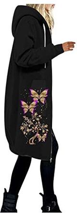 Generic Vestes mi-longues pour femmes, manteau mi-long, manches longues, d&eacute;contract&eacute;, fermeture &eacute;clair, veste &agrave; capuche &eacute;pissure manteaux chauds, Noir, XXL