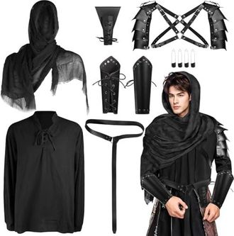 Generic Ensemble de costume de pirate de la Renaissance 7 pi&egrave;ces pour homme, comprenant une chemise de chevalier m&eacute;di&eacute;vale, une cape, des prot&egrave;ge-bras et un s