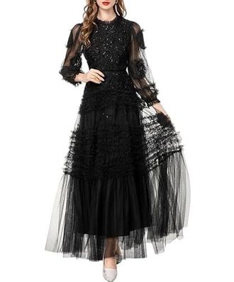 Generic Robe à manches longues en maille à paillettes pour femme Taille haute, Noir, S