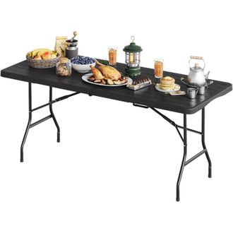 Woltu Table Pliante Rectangulaire, Table Portable pour 8 Personnes, en PEHD, 180x74x70 cm, Aspect Bois Noir