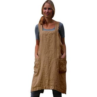 Generic Pinafore Robe salopette &eacute;l&eacute;gante sans manches en coton avec 2 poches pour femme, kaki, XXL