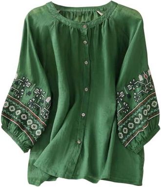 Generic Chemisier dété bohème en dentelle pour femme - Tunique bohème paysanne en lin brodé floral - Haut printemps indien à volants sur le devant - Chemise p