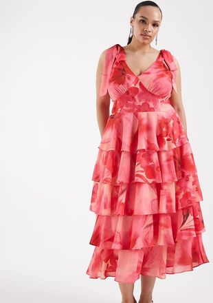 Pretty Lavish Curve Florie - Robe longueur mollet &agrave; volants et bretelles nou&eacute;es - Rouge fleuri