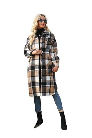 Generic Veste &agrave; carreaux pour femme - Long revers - Veste &agrave; carreaux en flanelle d&eacute;contract&eacute;e 2025 - Revers boutonn&eacute;, kaki, XXL