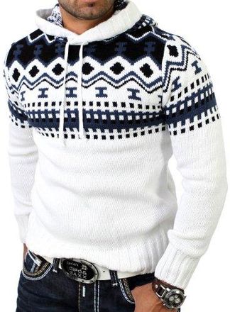 Reslad RS-3013 Pull dhiver norvégien à capuche | Pull en tricot pour homme - Blanc - XXX-Large