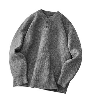 Generic Pull r&eacute;tro &agrave; col henley pour homme, manches longues, col rond, coupe ajust&eacute;e, style jeune, style d&eacute;contract&eacute;, gris fonc&eacute;, 3XL