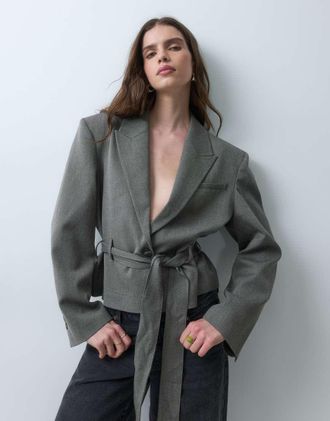 Asos veste courte ceintur&eacute;e coupe boxy-Gris