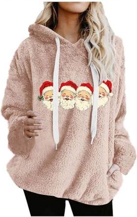 Generic Sweat à capuche de Noël léger pour femme, doublure en polaire pelucheuse, imprimé amusant, col rond, manches longues, pull de vacances pour entraîneme