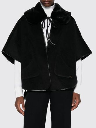 Twinset Cape courte en drap de laine avec capuche et col en fourrure