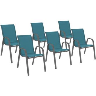 IDMarket Lot de 6 chaises de jardin LYMA m&eacute;tal et textil&egrave;ne empilables bleu canard