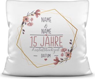 Tassendruck Kissen Hochzeitstag Kristall Hochzeit - mit Name & Datum selbst gestalten - 15 Jahre Ehe, Geschenk Hochzeit, Jubiläum, Jahrestag - Kissen Polyester We