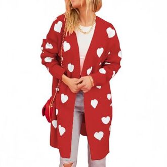 Generic Cardigan en tricot pelucheux en forme de coeur pour femme, col en V, ouvert sur le devant, tricot c&ocirc;tel&eacute; en forme de coeur, manteau ample en tricot av