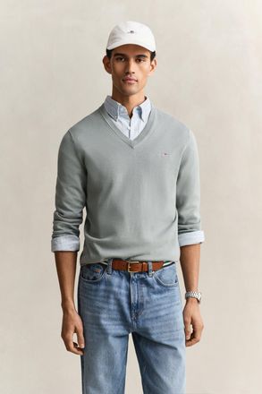 GANT Herren Klassischer V-Neck Pullover aus Baumwolle (XXXL) CERAMIC Grau