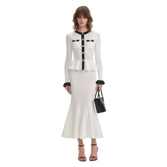 Self Portrait Femme, Robes, Blanc, Taille: 38 FR Pointelle Knit Contrast Midi Dress