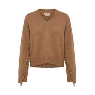 Twinset Pull &agrave; col en V &agrave; franges 262Tt3211 - Femme - Pulls - Brun - Taille: 40 FR