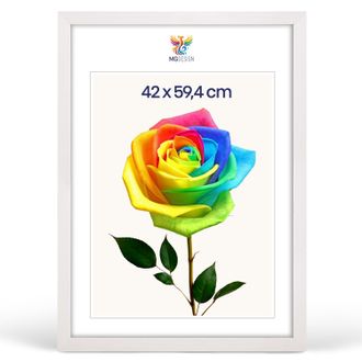 MG Design Bilderrahmen A2 42 x 59,4 cm - Posterrahmen mit Wei&szlig; Holzrahmen (Echtholz) und bruchsicherem Acrylglas, Hoch & Quer mit stabiler Wandaufh&auml;ngung