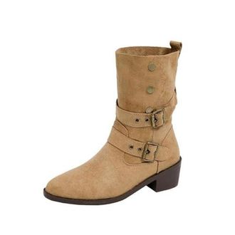 Generic Bottines d&eacute;contract&eacute;es en daim synth&eacute;tique pour femme avec boucle de couleur unie r&eacute;tro confortable &agrave; enfiler pour le bureau et les loisirs, kaki, 36.