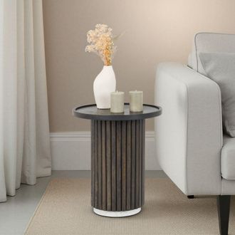 IDIMEX SARDA Couchtisch rund aus massivem Mangoholz, Braun/Weiß - Beistelltisch mit geriffeltem Sockel und Marmor Abschluss, Wohnzimmertisch mit natürlicher 