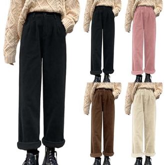 Generic Pantalon Palazzo d&eacute;contract&eacute; en velours c&ocirc;tel&eacute; pour femme - Taille haute - Coupe droite - Automne et hiver - Pantalon de travail extensible - Grande t